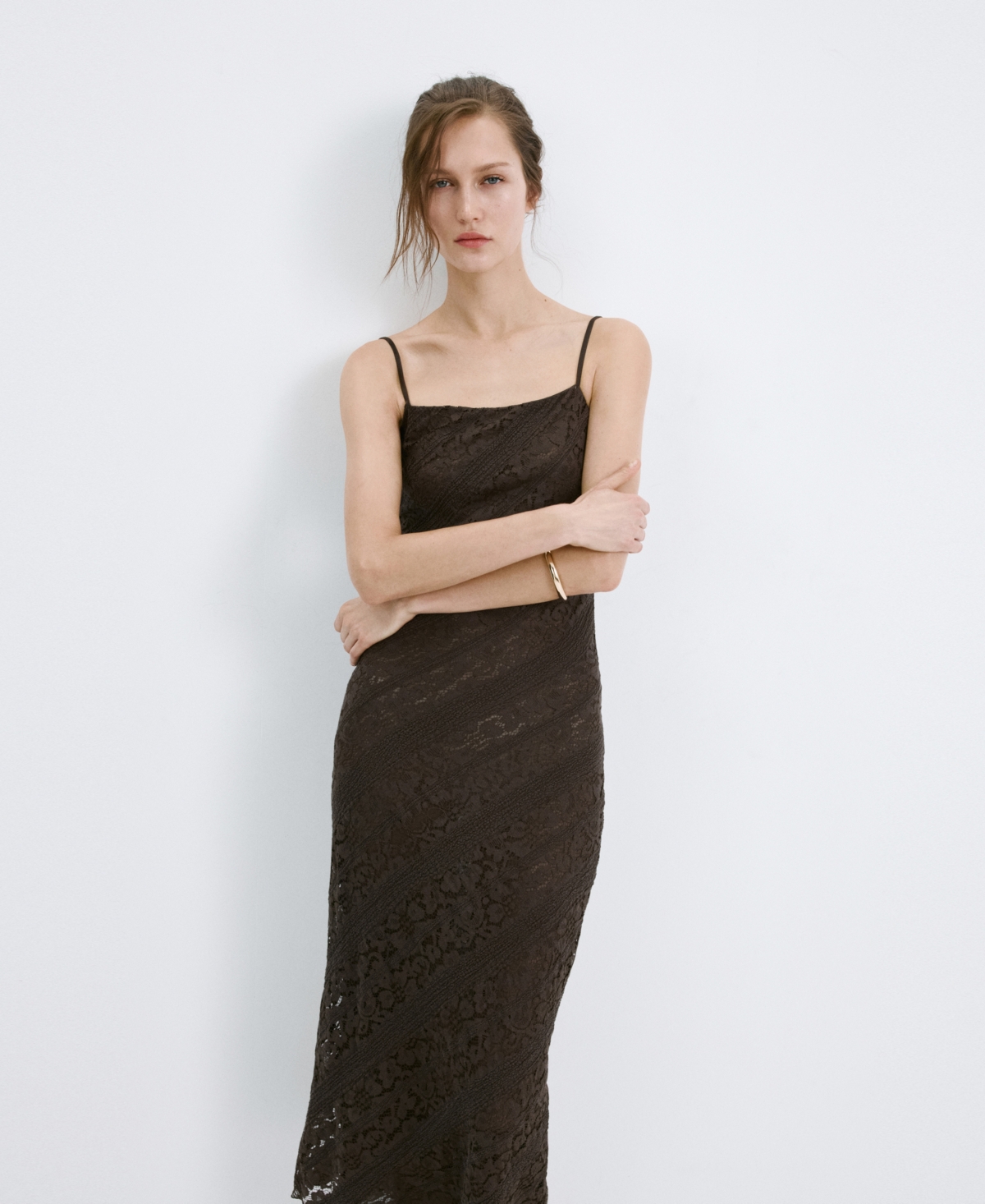 Click here for Mango Womens Semi-Transparent Lace Long Dress - Br... prices