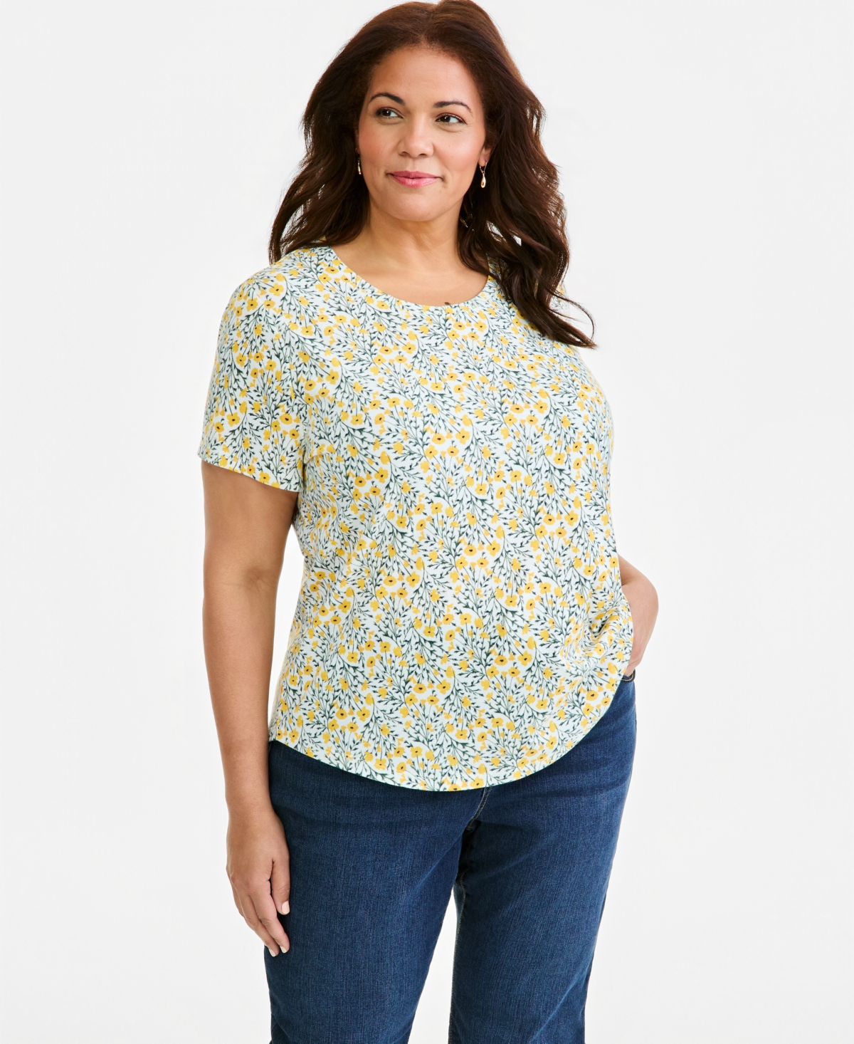 Click here for Style & Co Plus Size Patterson Flora Crewneck Curv... prices