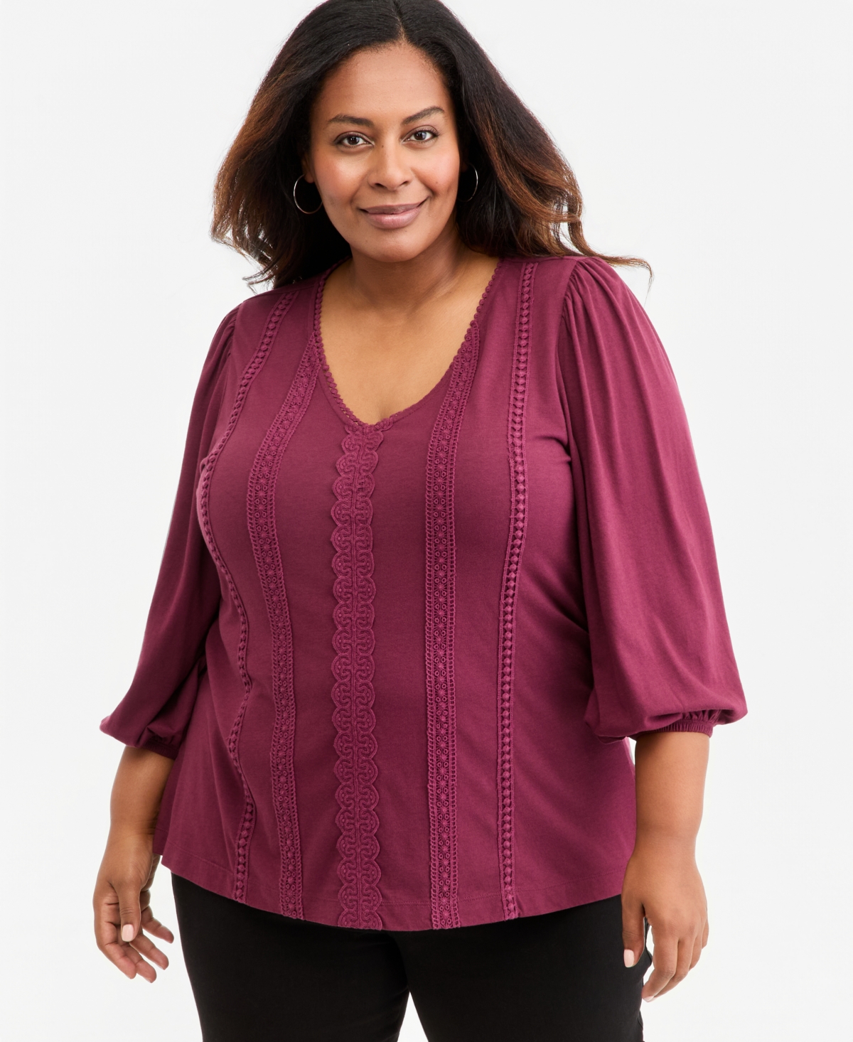 Click here for Style & Co Plus Size V-Neck 3/4-Sleeve Lace-Trim B... prices