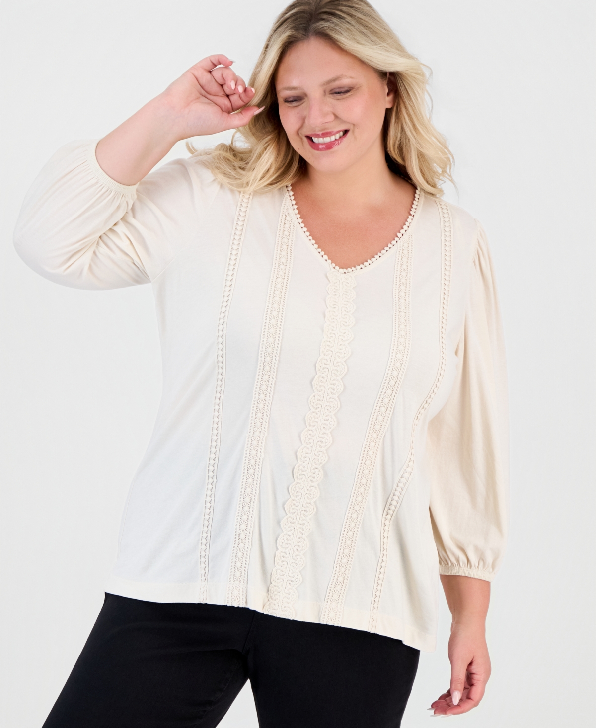 Click here for Style & Co Plus Size V-Neck 3/4-Sleeve Lace-Trim B... prices