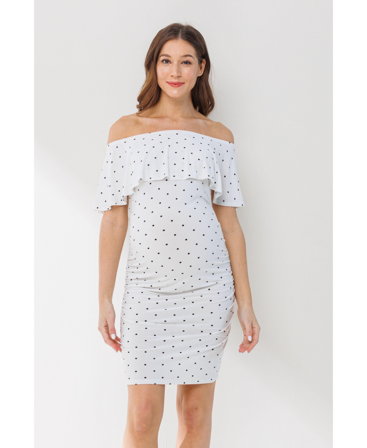 Click here for Hello Miz Maternity Polka Dot Off-The-Shoulder Ruf... prices