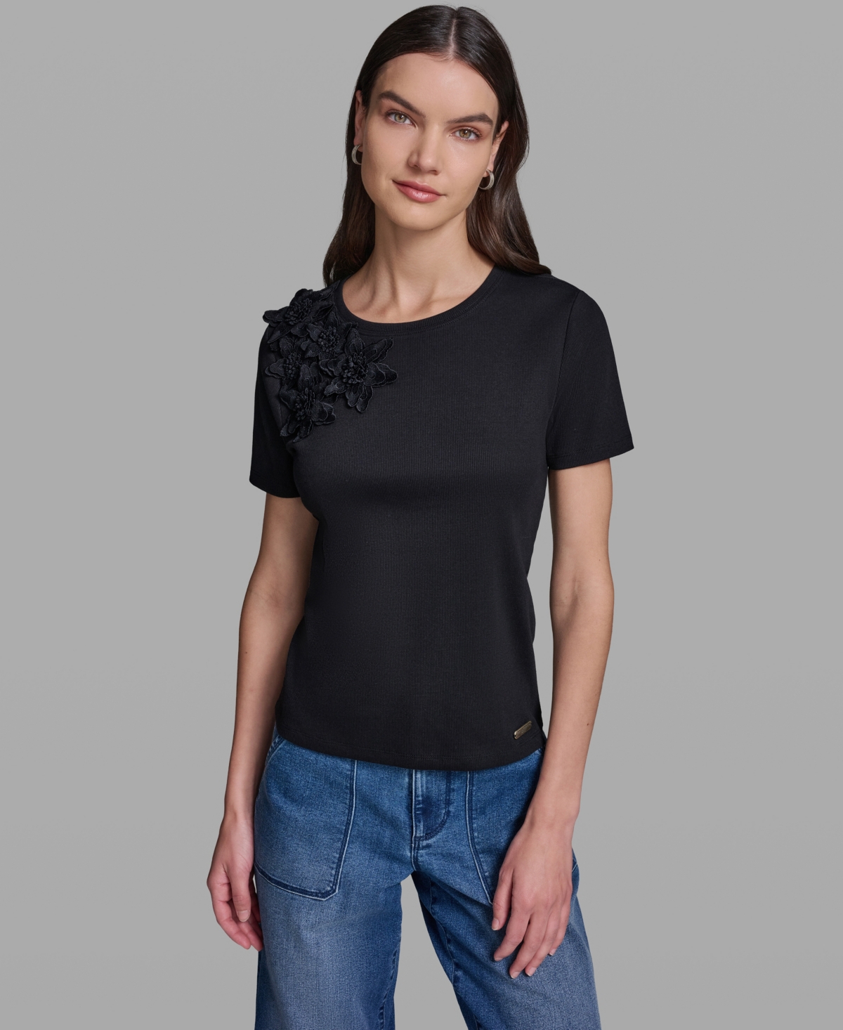 Click here for Karl Lagerfeld Paris Petite 3D Flower Short-Sleeve... prices