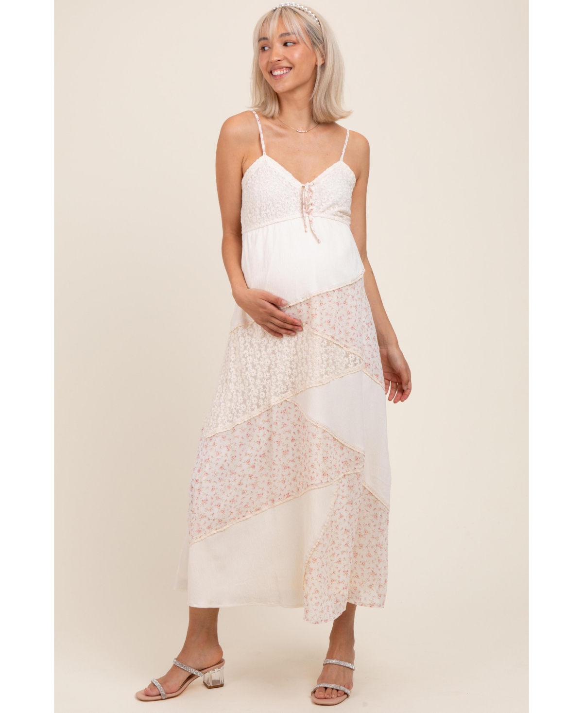 Click here for Pinkblush Maternity Cream Floral Sweetheart Neck M... prices
