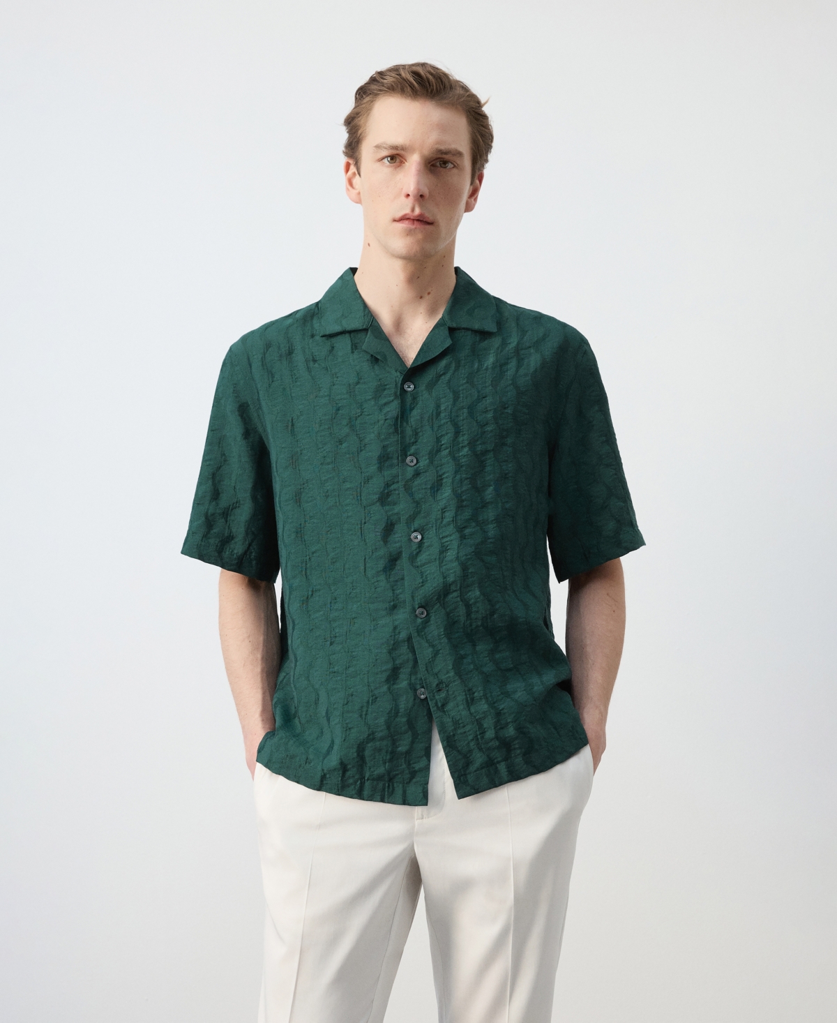 Click here for Mango Mens Regular-Fit Lyocell Shirt - Emerald Gre... prices