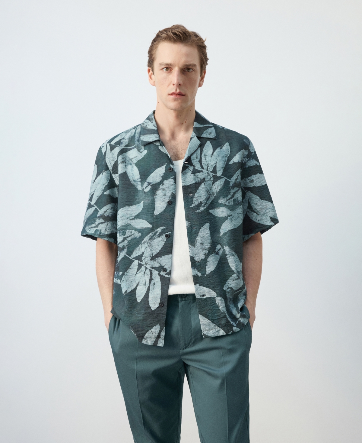 Click here for Mango Mens Regular-Fit Printed Shirt - Emerald Gre... prices