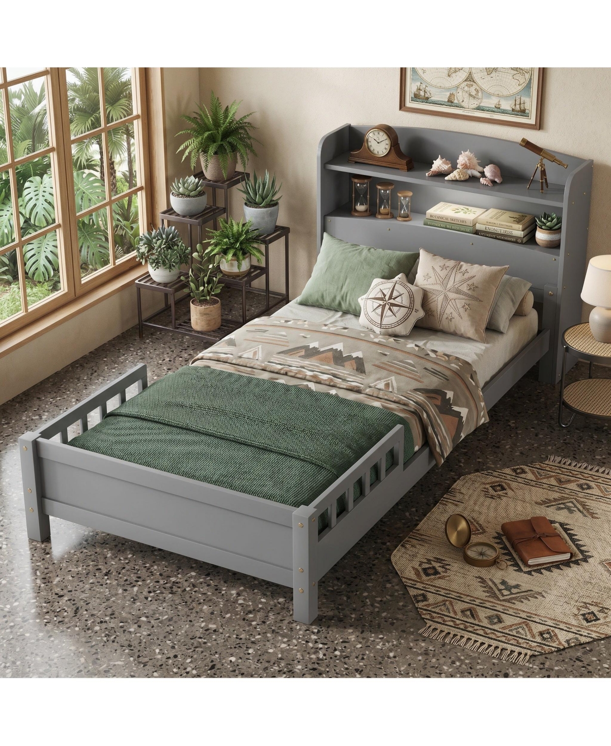 Click here for Sailvan Twin Pine Wood Bed with Bookcase Headboard... prices