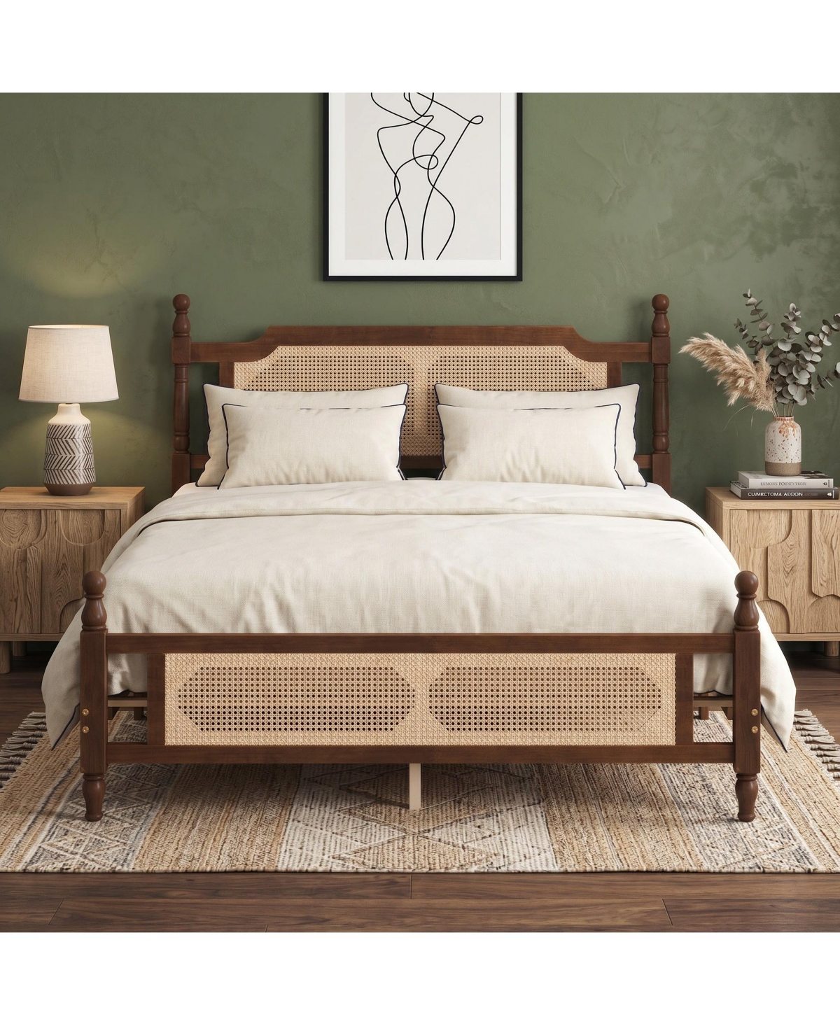 Click here for Sailvan Queen Pine wooden Bed with Rattan Headboar... prices