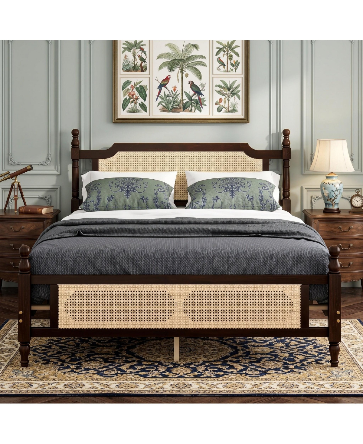 Click here for Sailvan Queen Pine wooden Bed with Rattan Headboar... prices