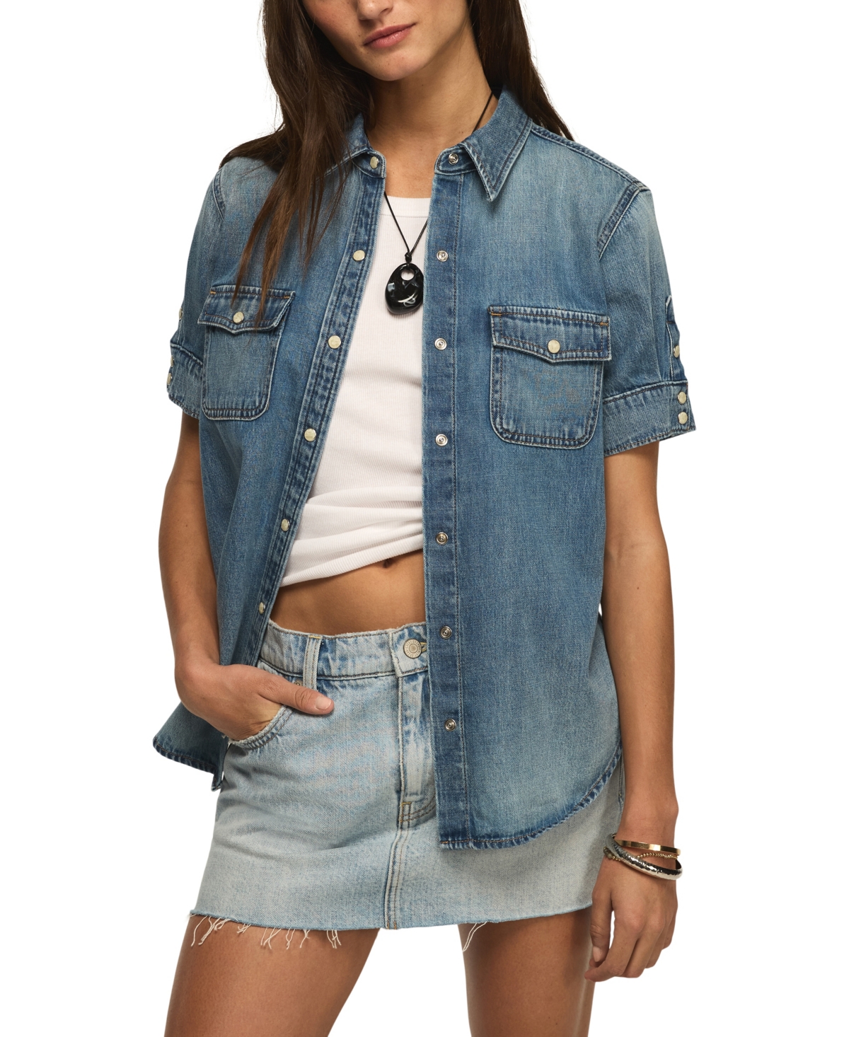 Click here for Lucky Brand Womens Cut Off Denim Button-Down Shirt... prices