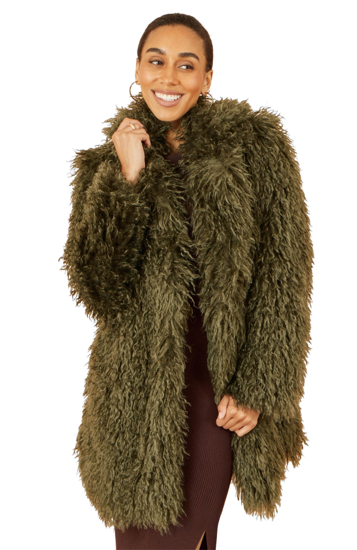 Click here for Yumi Womens Luxe Long Hair Faux Fur Coat - Green prices