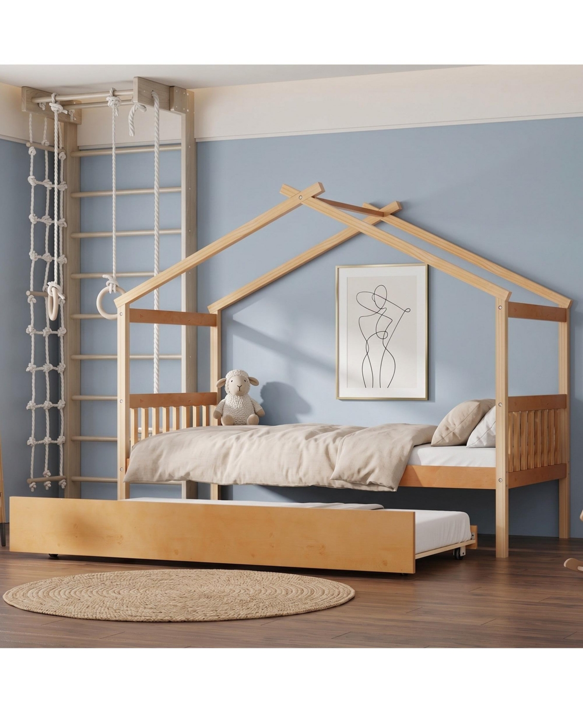 Click here for Sailvan Wooden House Bed withTrundle - Natural prices