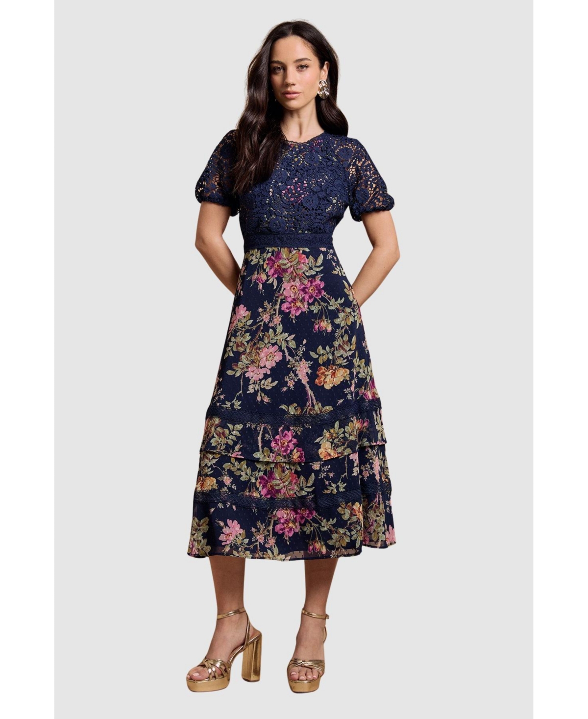 Click here for Oasis Womens Lace Bodice Midi Dress - Navy prices