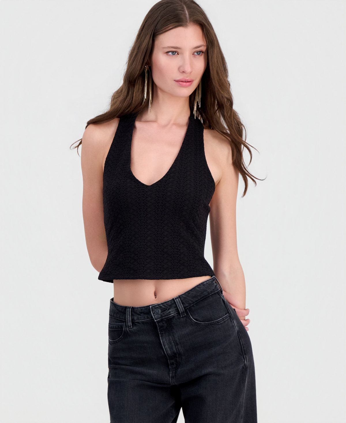Click here for Guess Womens Joey Textured Halter Top - Jet Black... prices