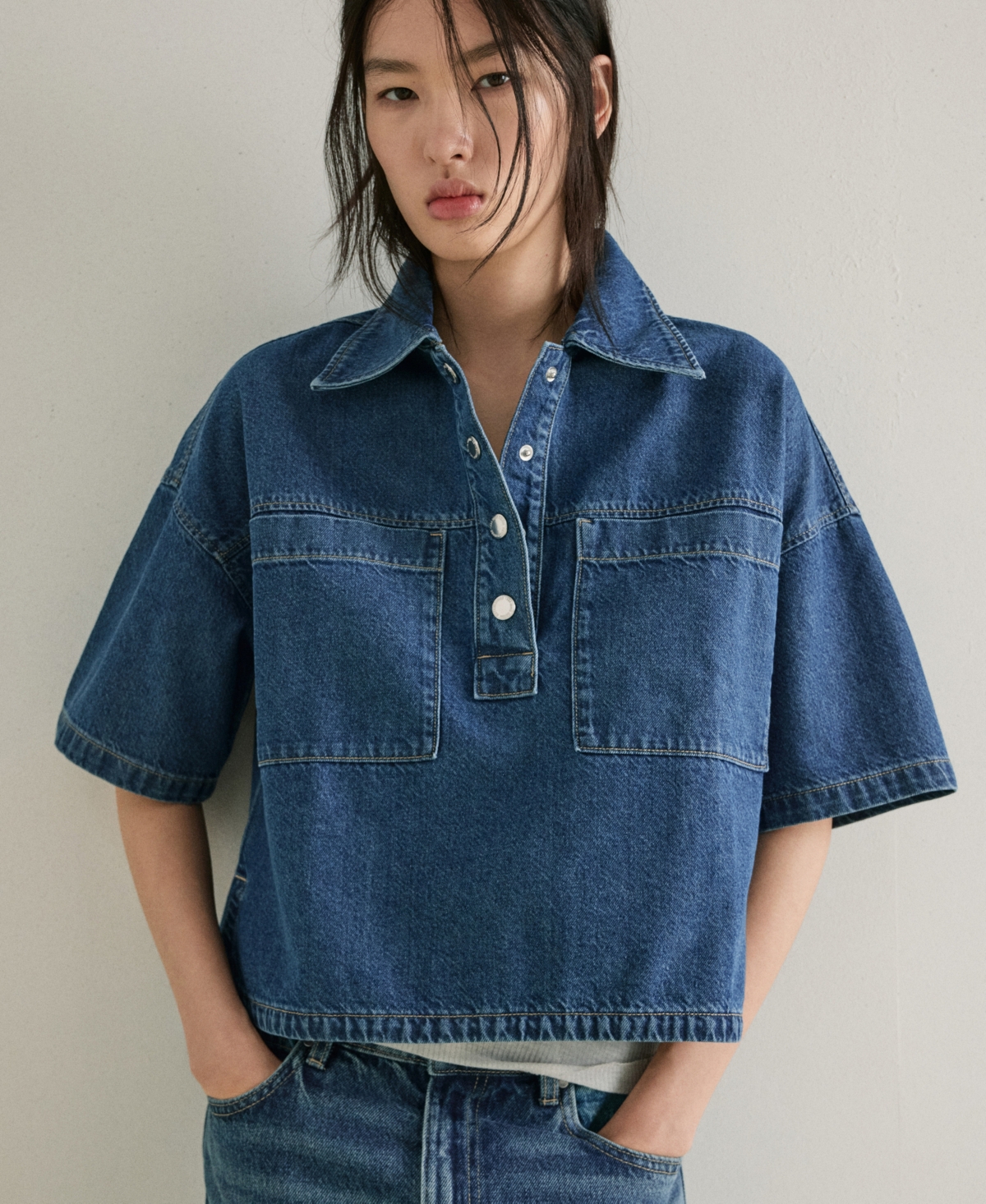 Click here for Mango Womens Pockets Denim Blouse - Medium Blue prices