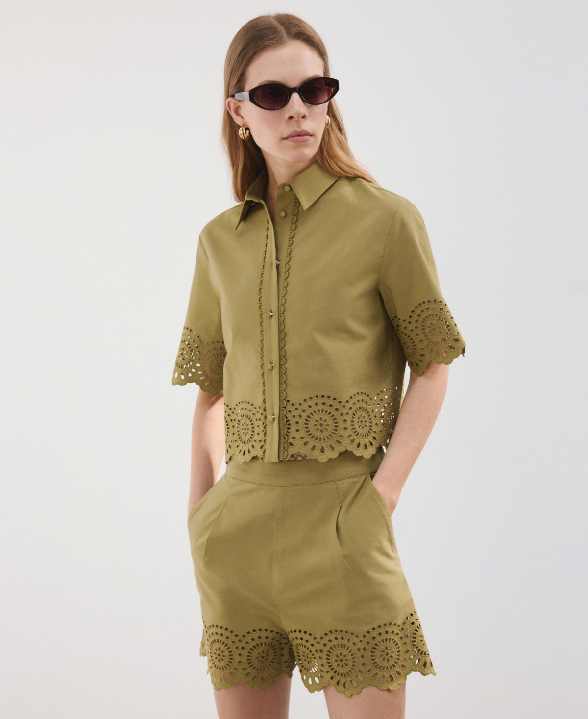 Click here for Mango Womens Embroidered Openwork Shorts - Green prices