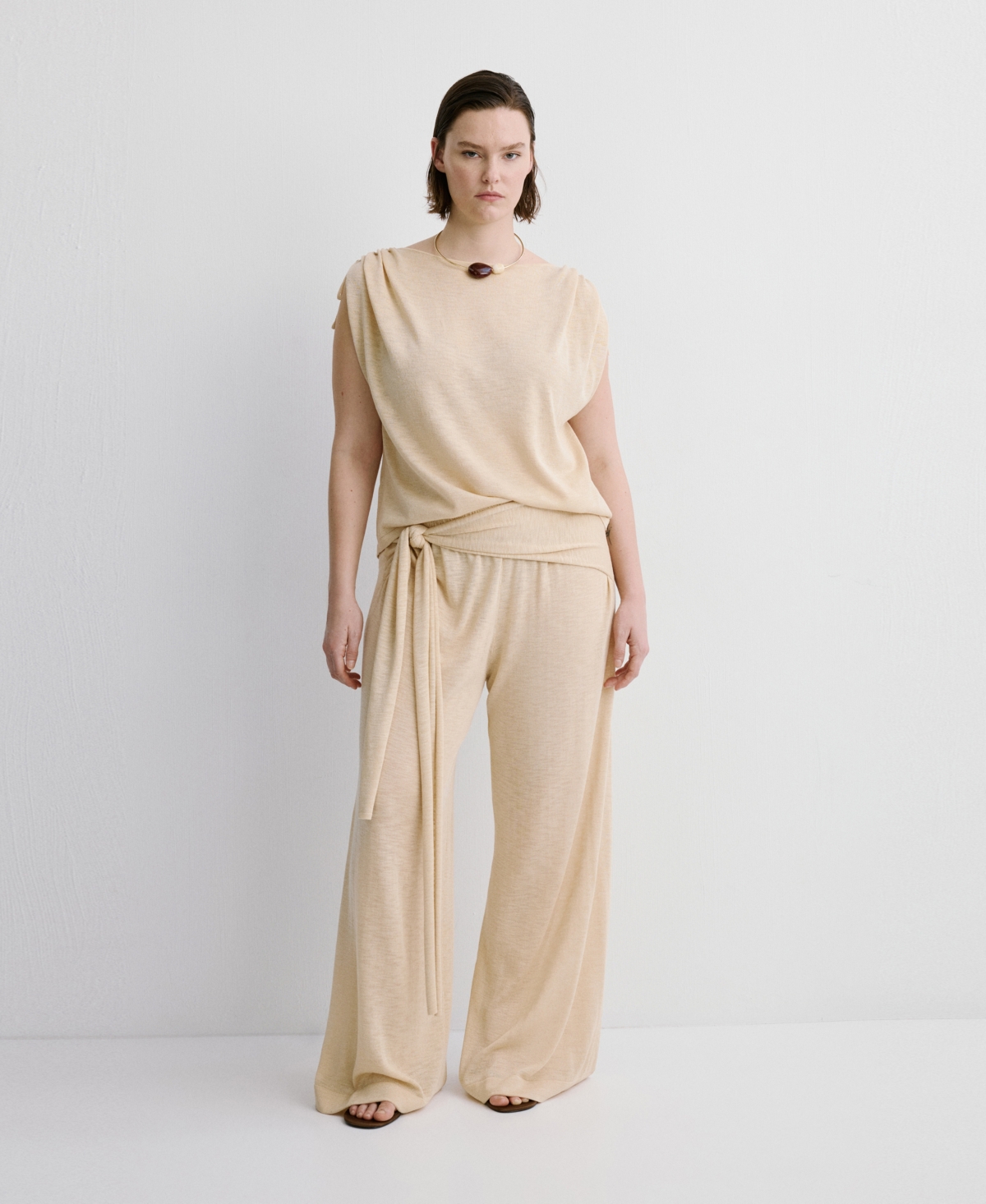 Click here for Mango Womens Knot Detail Fine-Knit Pants - Ecru prices