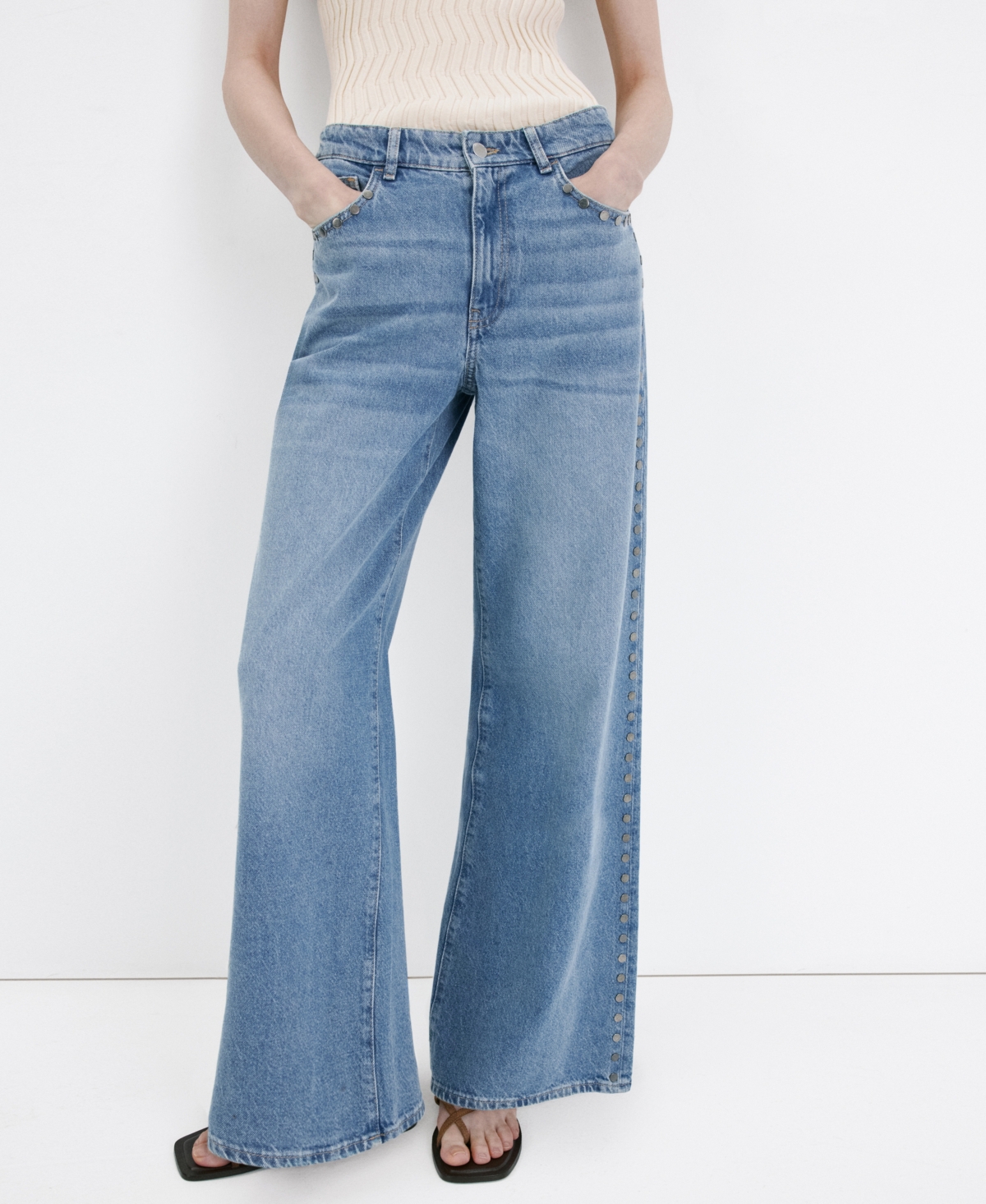 Click here for Mango Womens Studs Straight-Fit Jeans - Medium Blu... prices