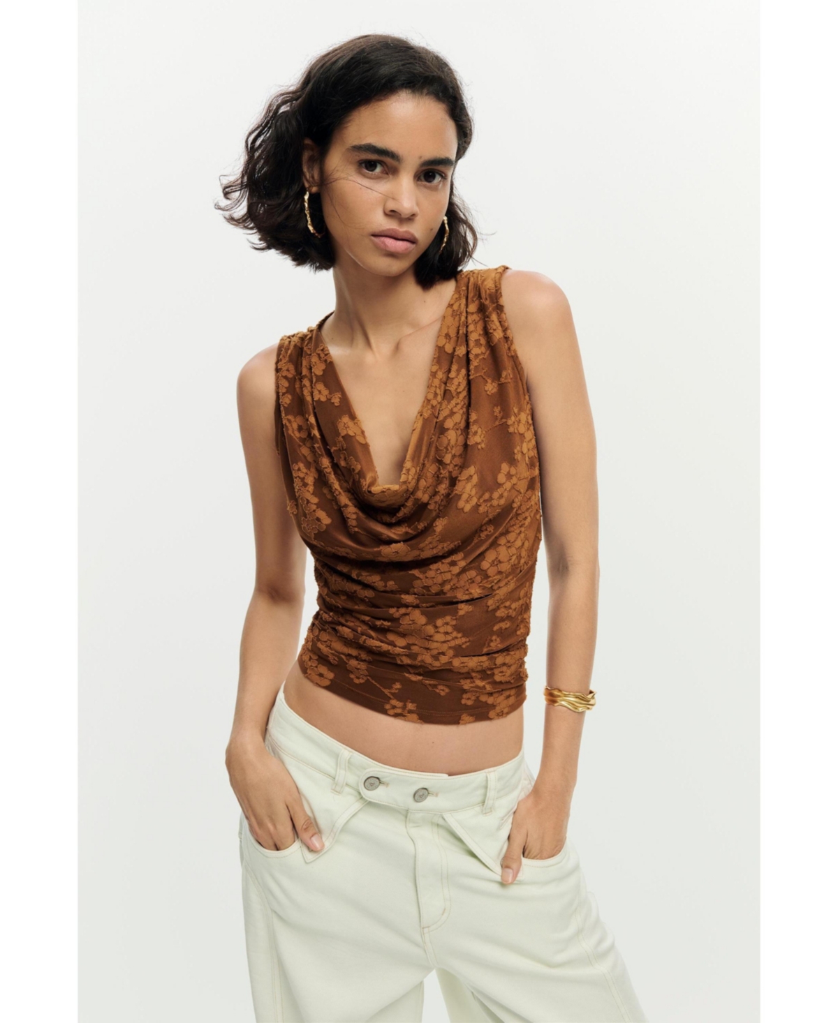 Click here for Desigual Womens Draped sleeveless t-shirt - Brown prices