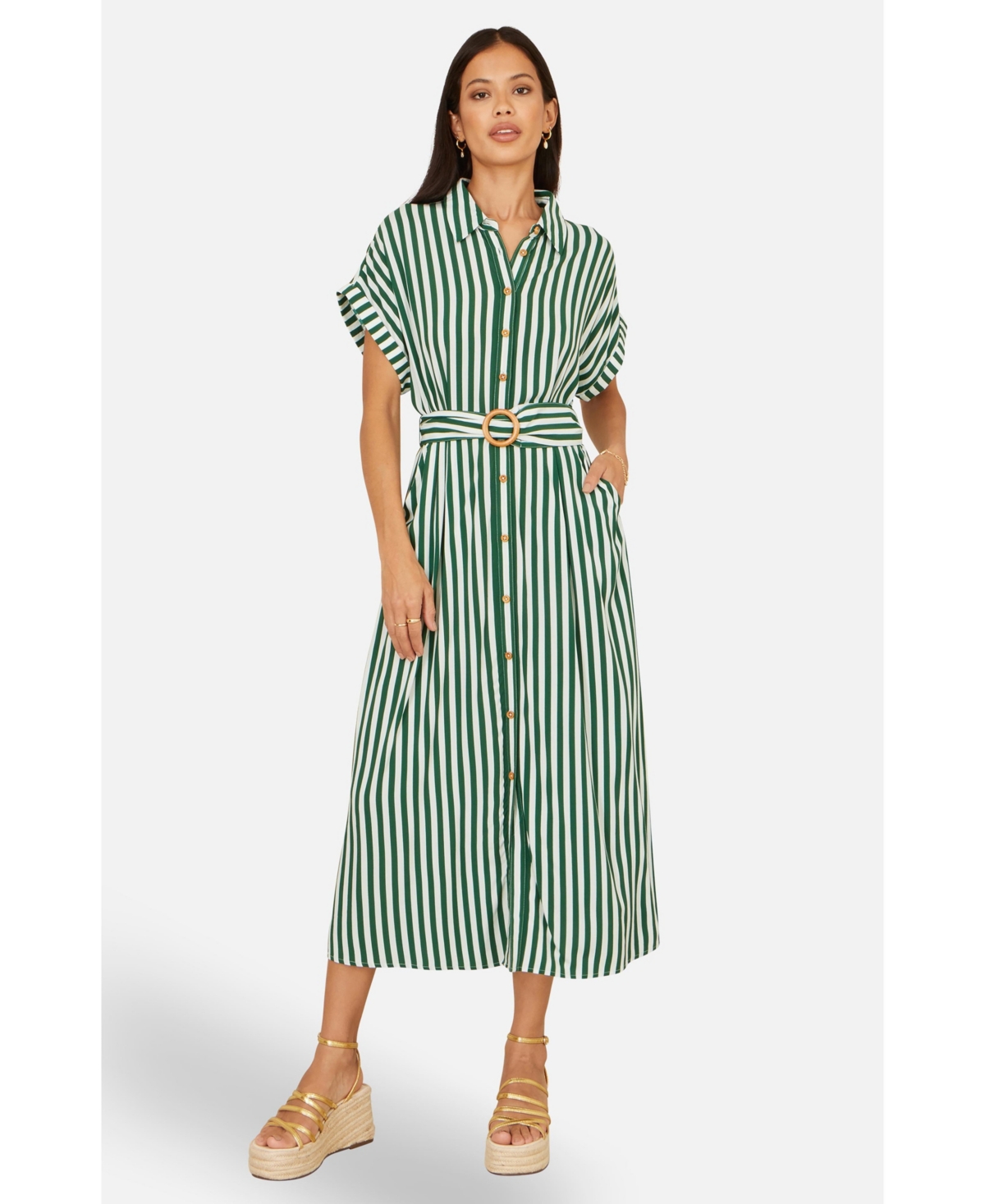 Click here for Yumi Womens Stripe Print Belted Midi Shirt Dress -... prices