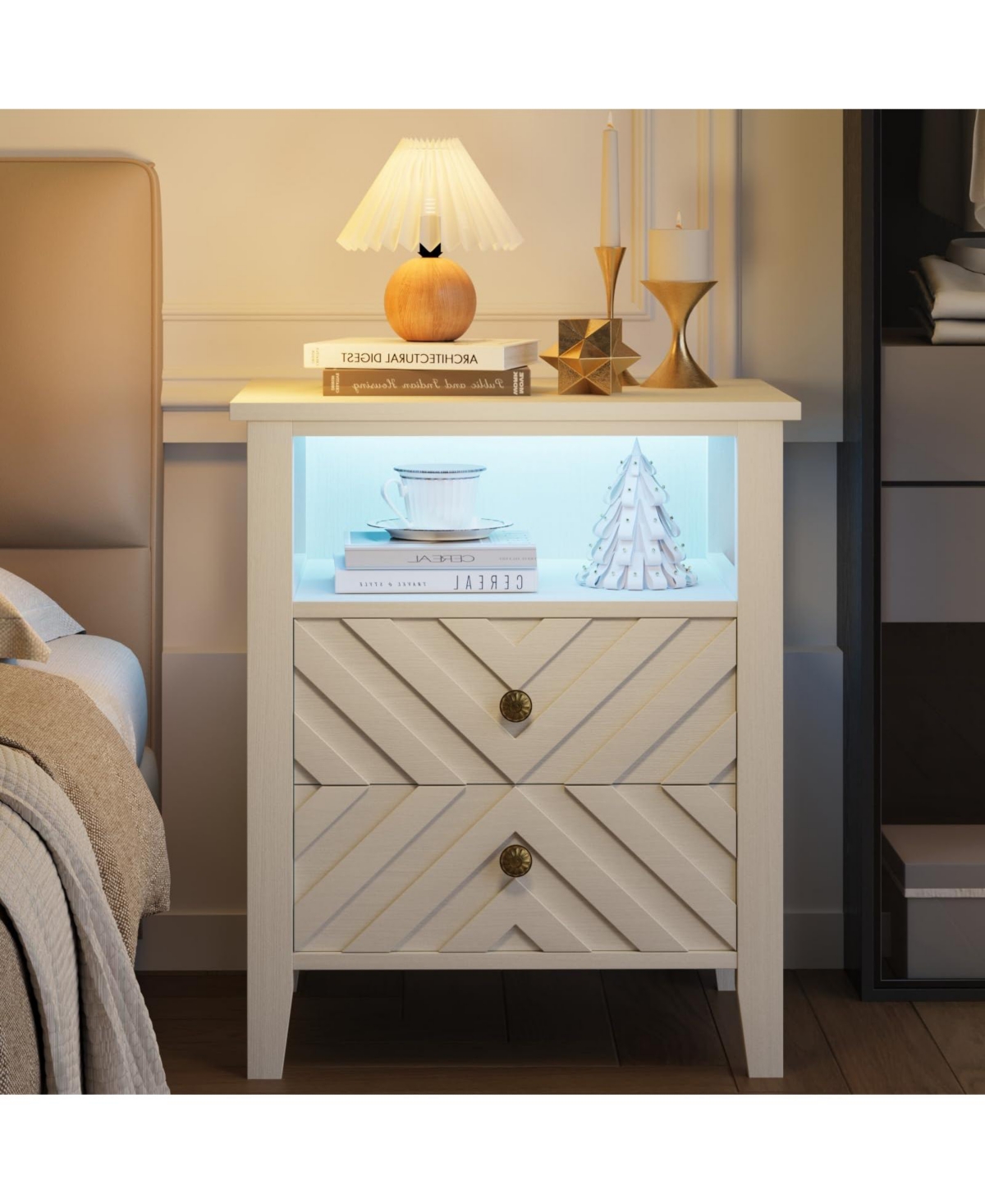 Click here for homfan Farmhouse Led Nightstand with 2 Drawers  V-... prices