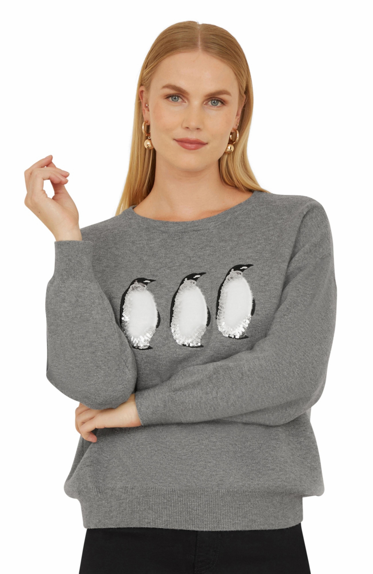 Click here for Yumi Womens Penguin Knitted Jumper - Grey prices