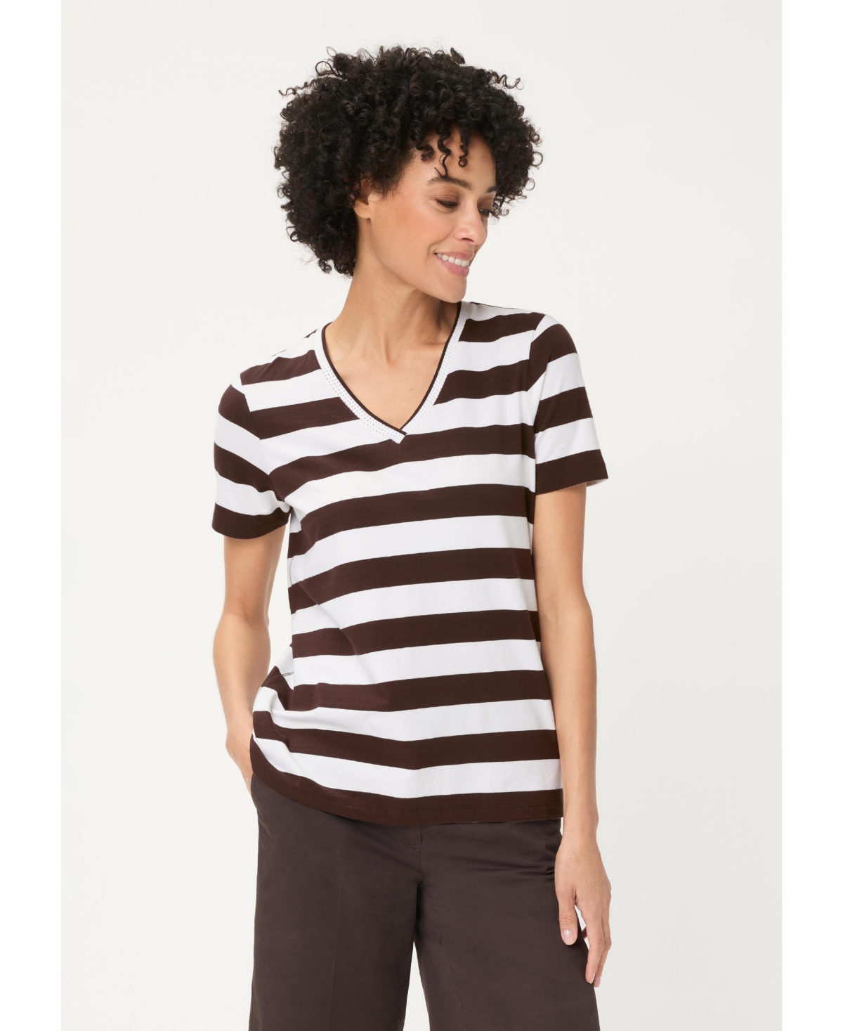 Click here for Olsen Womens Stripe V-Neck T-Shirt - Dark brown prices