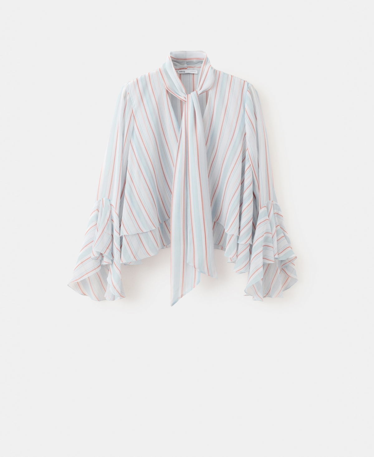 Click here for Mango Womens Ruffles Stripe-Patterned Blouse - Blu... prices
