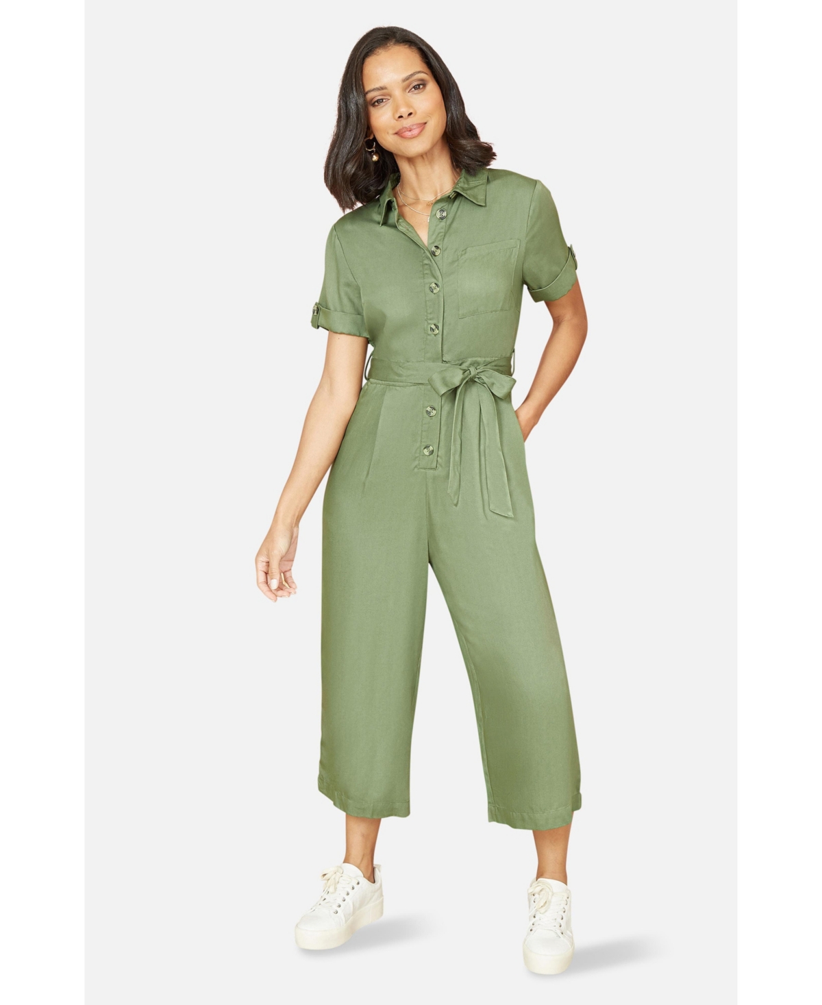 Click here for Yumi Womens Structured Belted Cropped Jumpsuit - G... prices