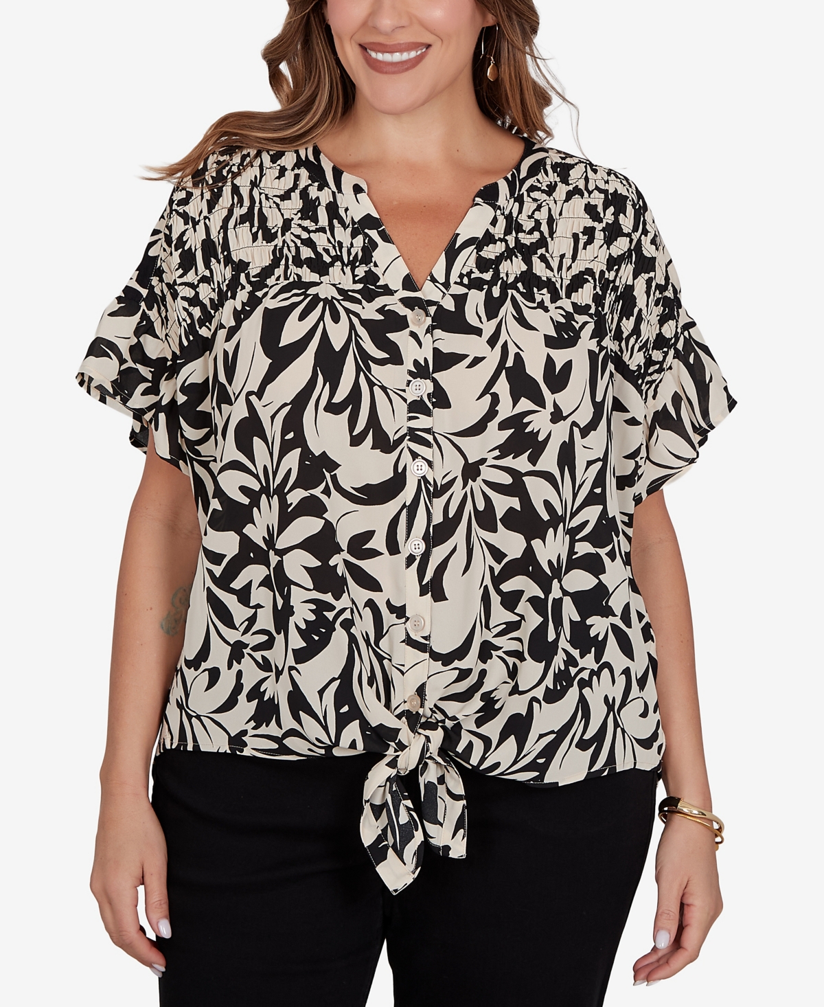 Click here for Ruby Rd. Plus Size Mono Floral Button Tie Front T-... prices