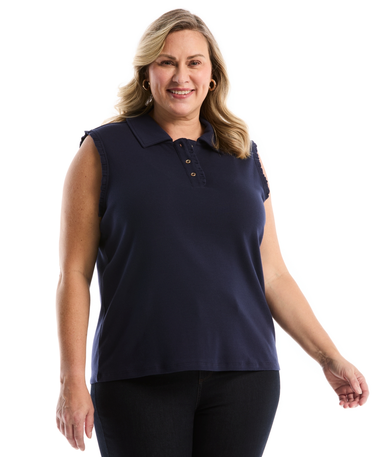 Click here for Rafaella Plus Size Ruffle Trim Sleeveless Polo Shi... prices