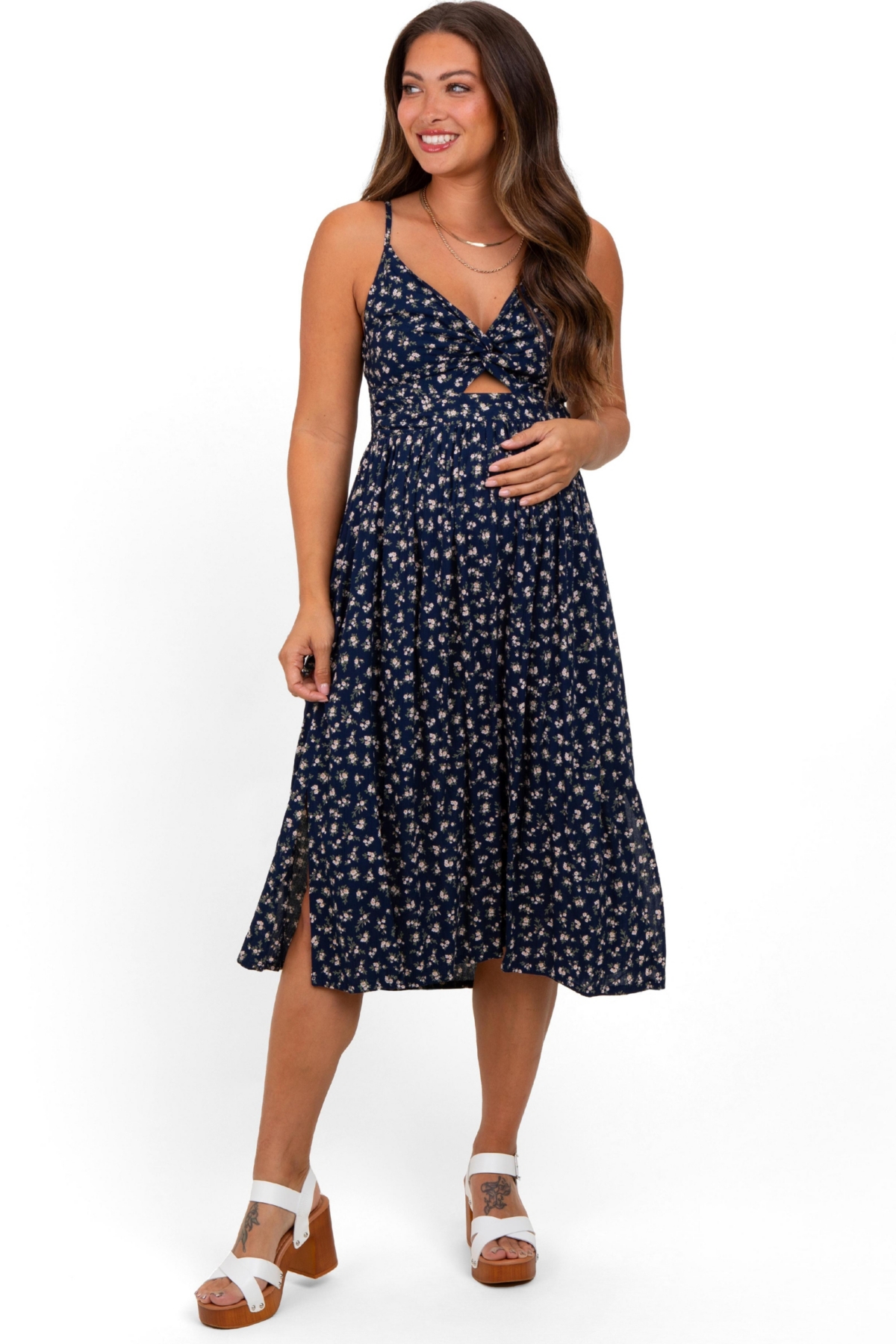 Click here for Pinkblush Maternity Navy Floral Twist Front Cut Ou... prices