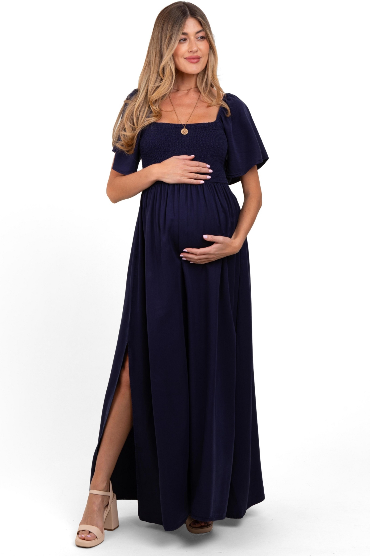 Click here for Pinkblush Maternity Navy Chambray Smocked Maxi Dre... prices
