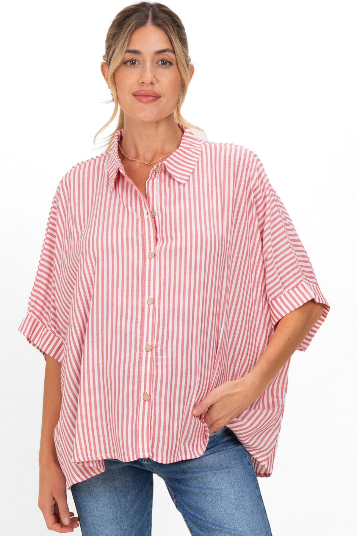 Click here for Pinkblush Maternity Peach Striped Button Up Dolman... prices