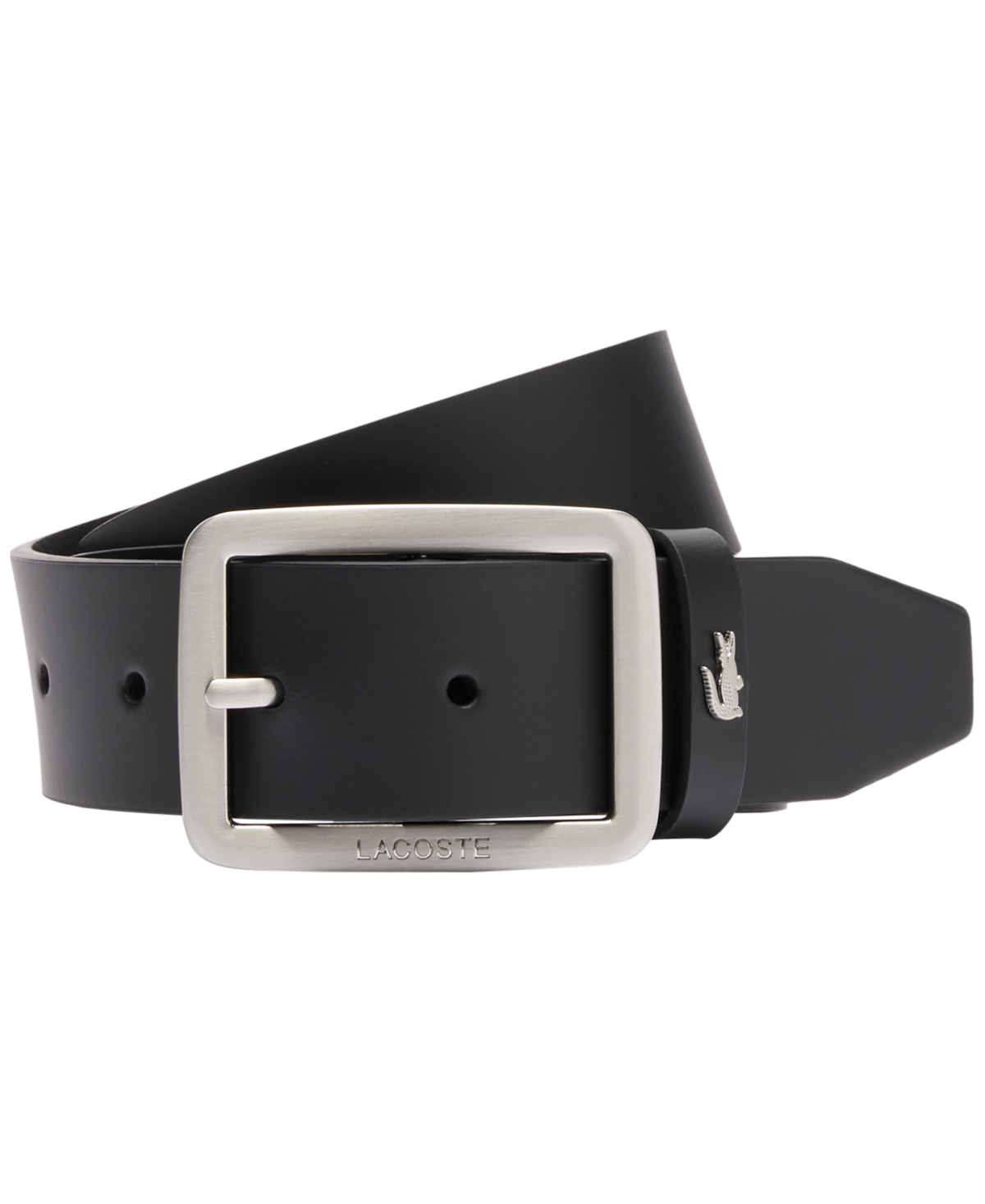 Click here for Lacoste Mens Embossed Buckle Leather Belt - Black prices
