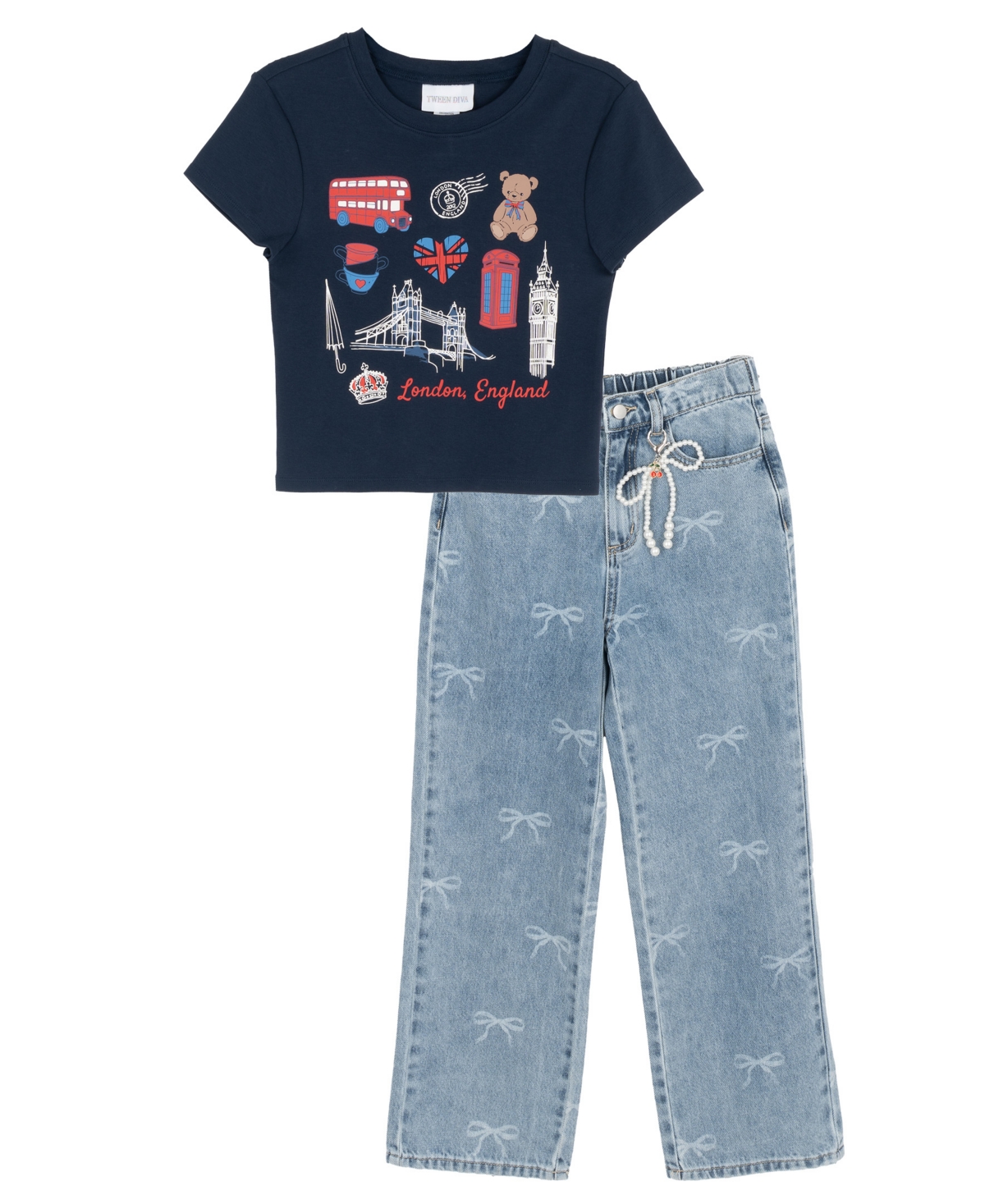 Click here for Tween Diva Girls 7-16 Graphic T-Shirt and Bow Prin... prices
