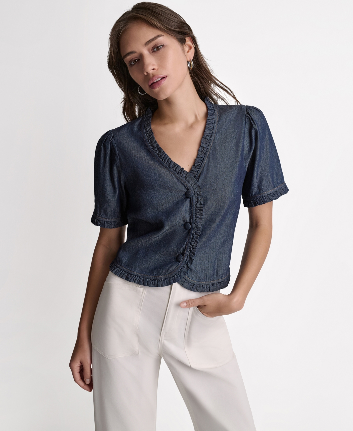 Click here for Bcbg Womens Short-Sleeve Ruffle Detail Button-Fron... prices