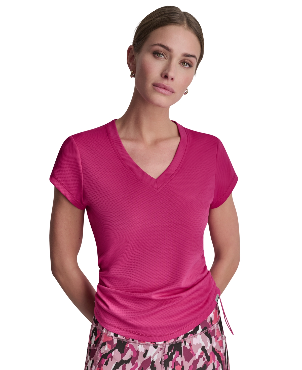 Click here for Dkny Sport Womens Ruched Side Seams V-Neck Tech T-... prices