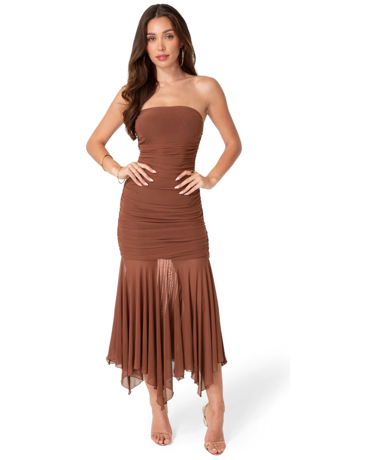 Click here for Bebe Womens Powermesh Strapless Hanky Dress - Brow... prices