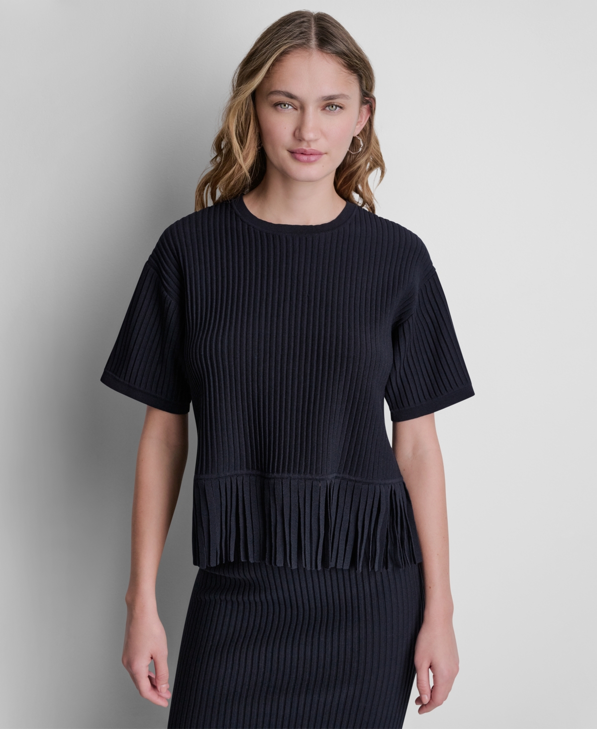 Click here for Dkny Womens Fringe Crewneck Sweater Top - Black prices