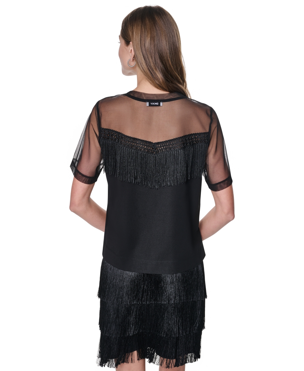 Click here for Dkny Womens Fringe Detail Crewneck Top - Black prices