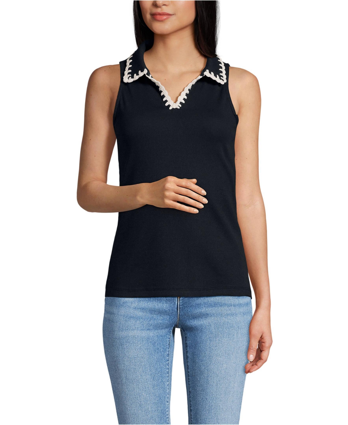 Click here for Lands End Womens Sleeveless Micro Rib Polo - Black prices