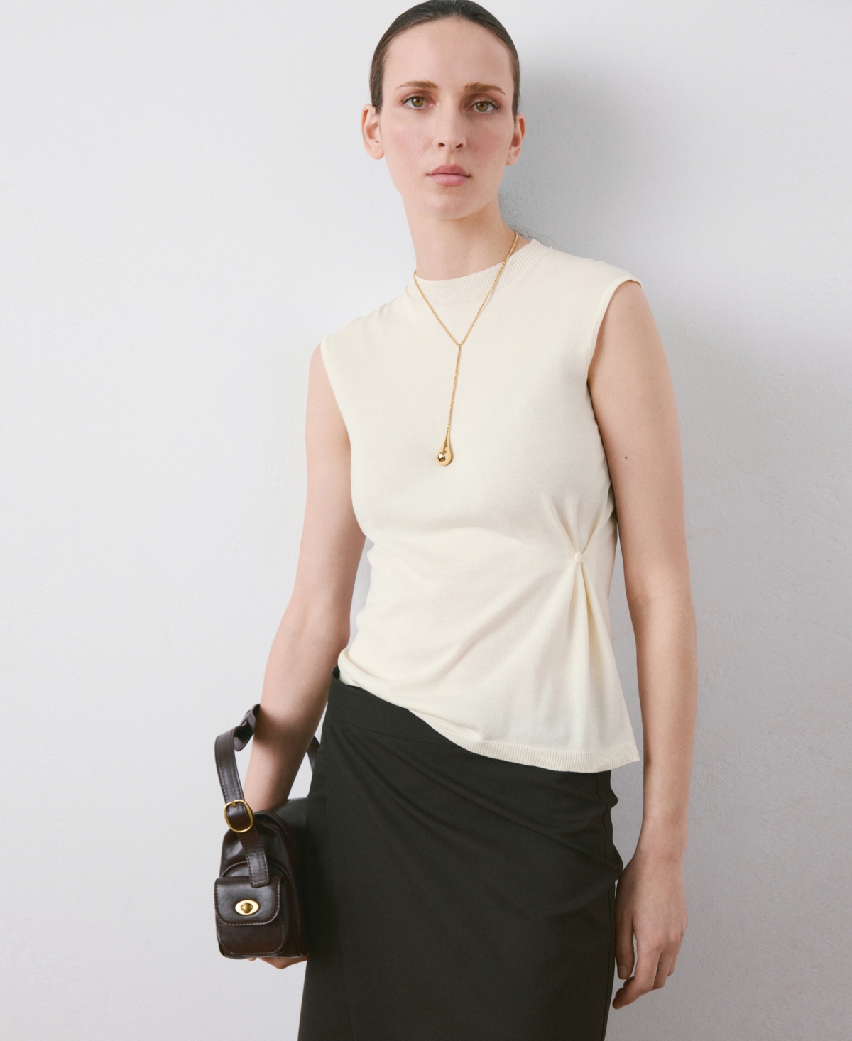Click here for Mango Womens Side Gathered Knitted Top - Ecru prices