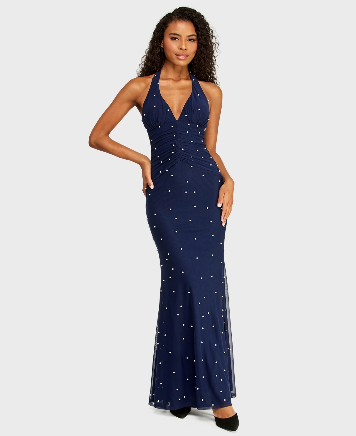 Click here for B Darlin Juniors Halter Mesh with Pearls Gown with... prices