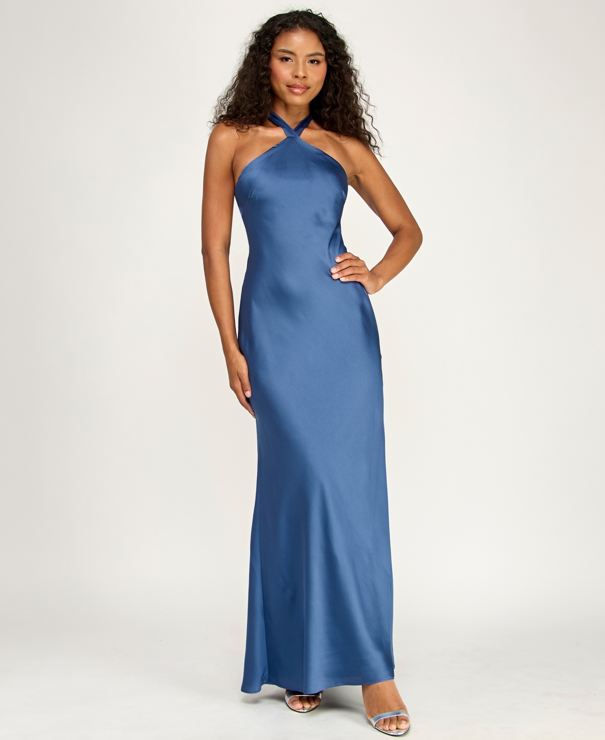 Click here for Alex & Sophia Juniors Satin Halter Neck Gown - Den... prices