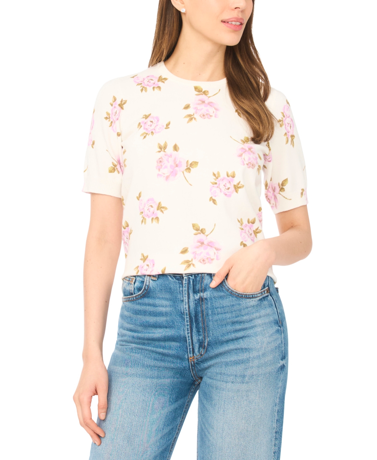 Click here for CeCe Womens Short-Sleeve Floral Print Sweater - Ne... prices