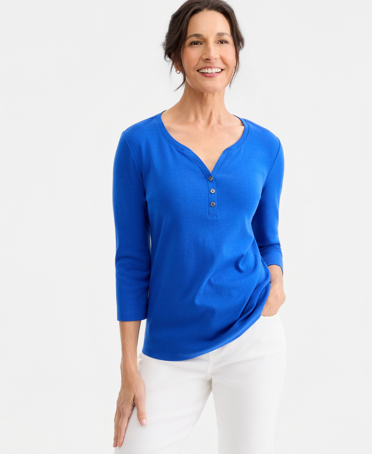 Click here for Style & Co Womens Cotton 3/4-Sleeve Henley Tee  Cr... prices