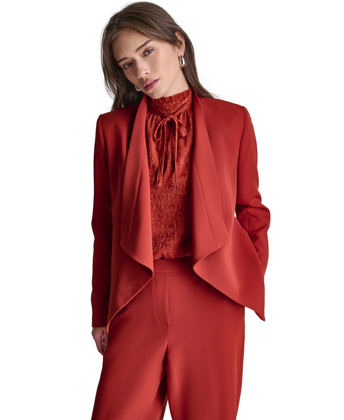 Click here for Bcbg Womens Open-Front Collared Jacket - Mesa Rust prices