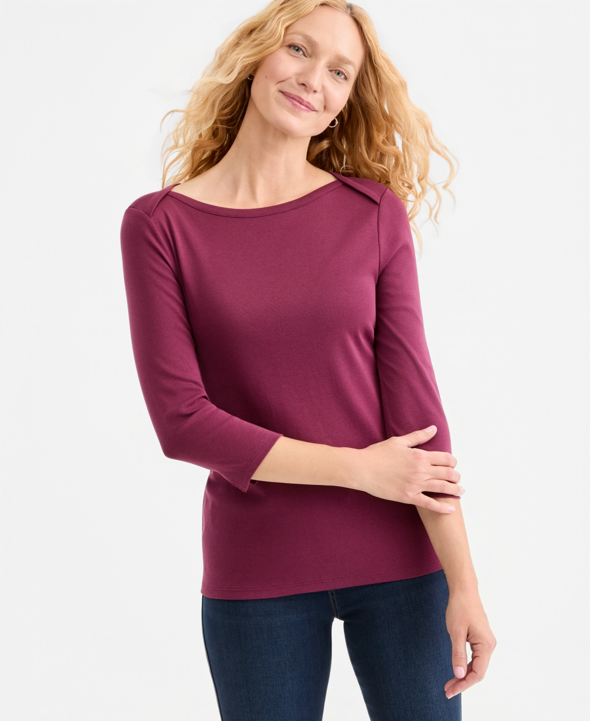 Click here for Style & Co Womens Petite Pima Cotton 3/4-Sleeve Bo... prices