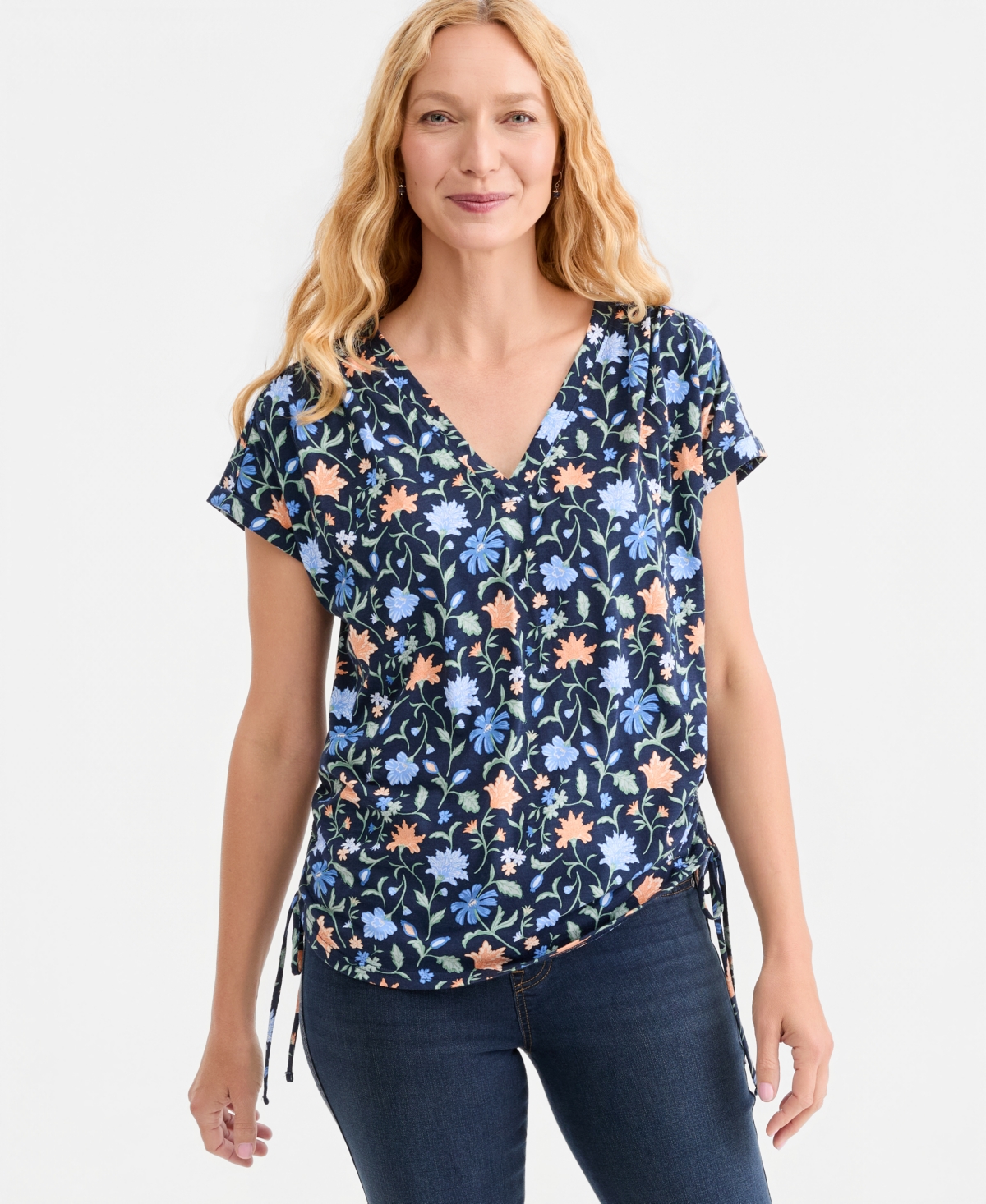 Click here for Style & Co Womens Printed Ruched Tie-Hem V-Neck To... prices