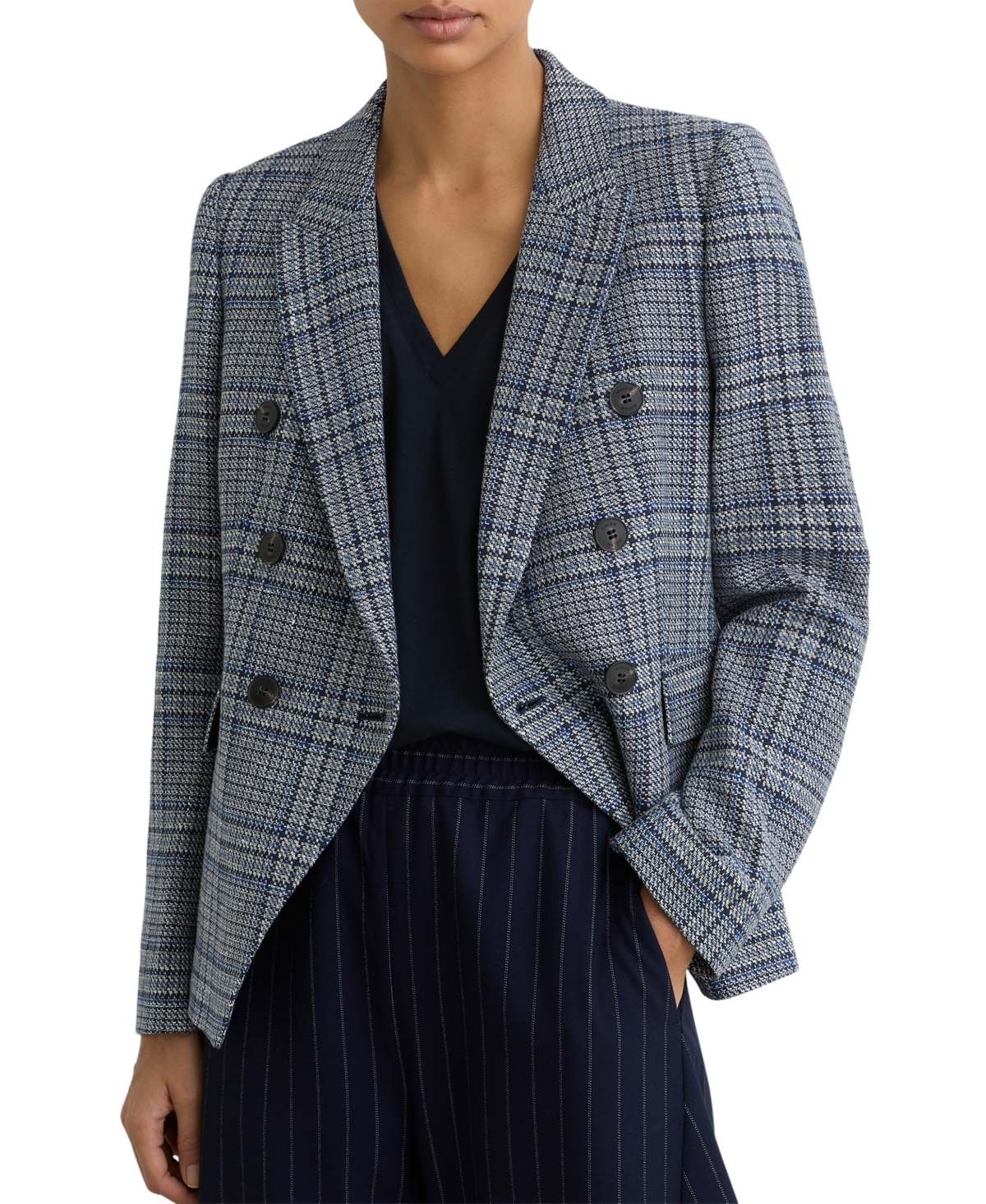 Click here for Reiss Womens Double-Breasted Check Cotton-Linen Bl... prices